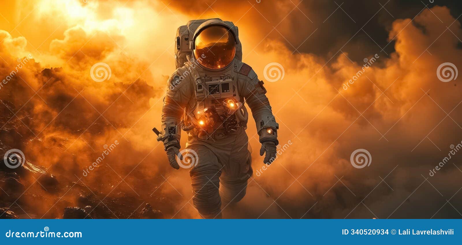 A Spaceman Walking through a Misty Distant Planet. Surreal Mystical ...