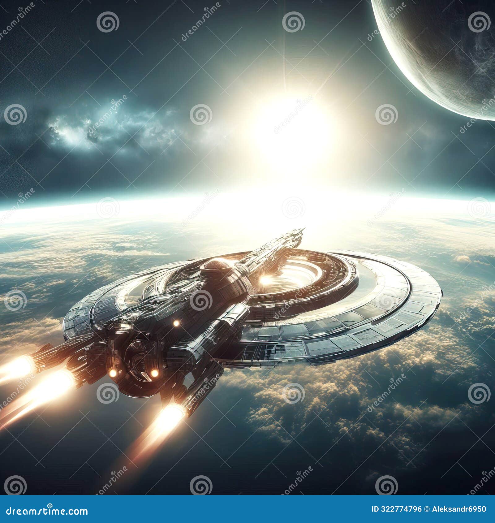 Spaceship Against the Backdrop of the Planet, Rays of Backlight Flying ...