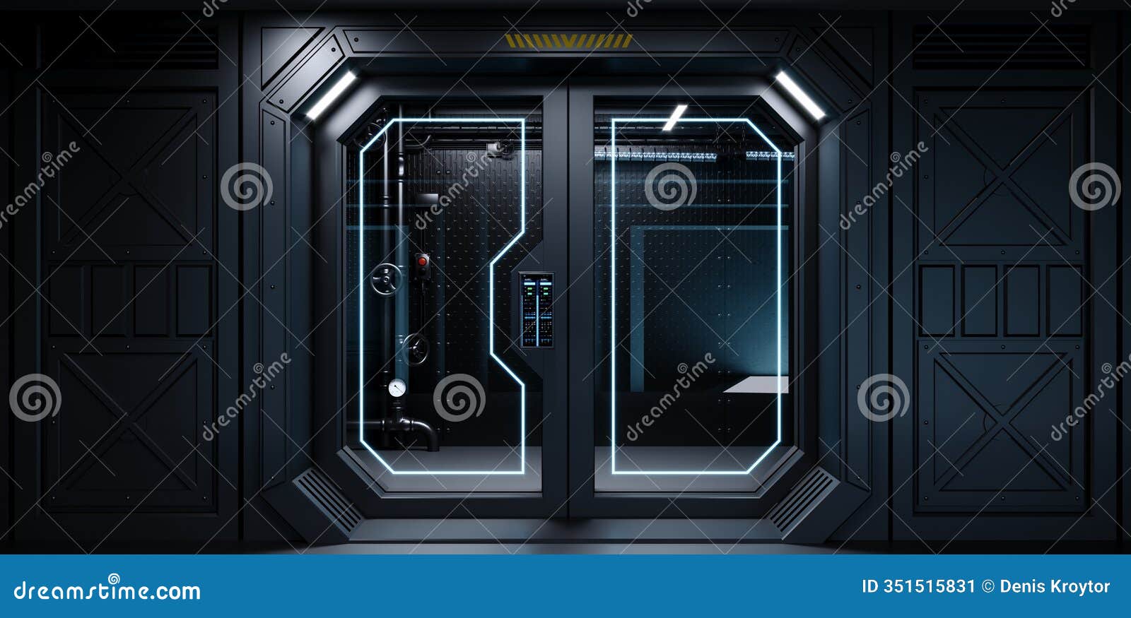 Spaceship Sliding Door Or Laboratory Gate. Open Gate With Illuminated ...
