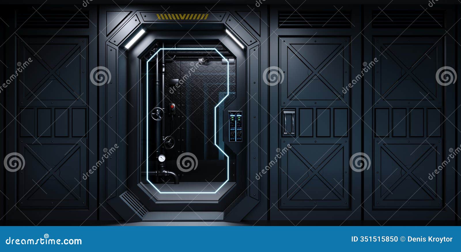 Spaceship Sliding Door Or Laboratory Gate. Open Gate With Illuminated ...