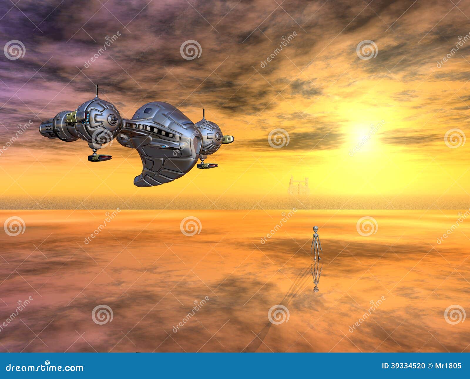 Spaceship and Alien in a Distant World Stock Illustration ...