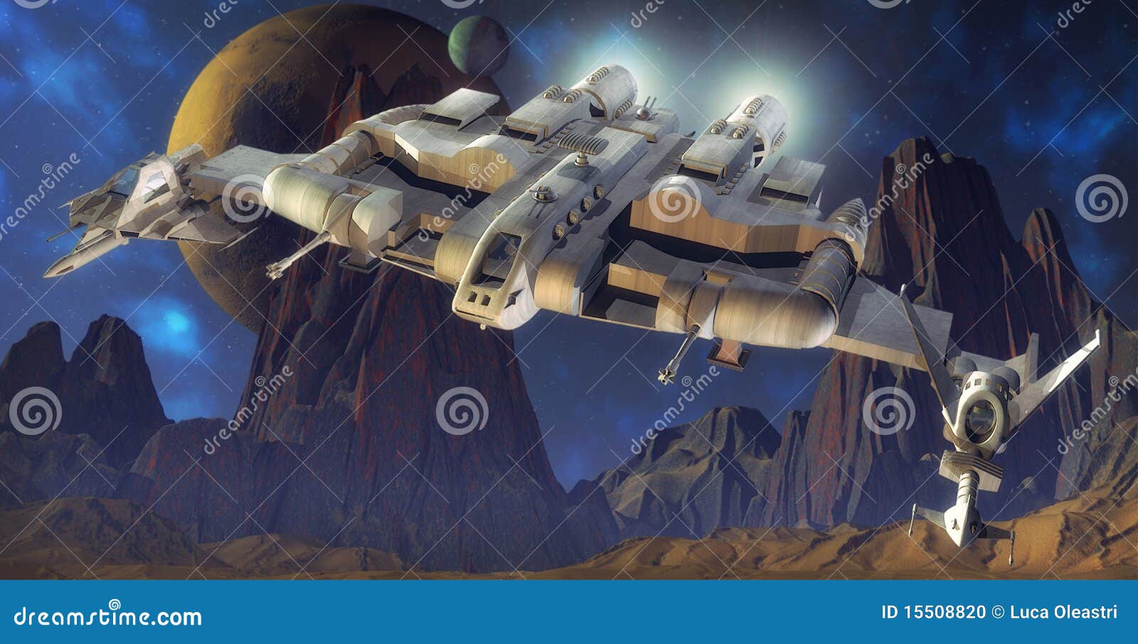 Spaceship and alien planet stock illustration. Illustration of nebula ...