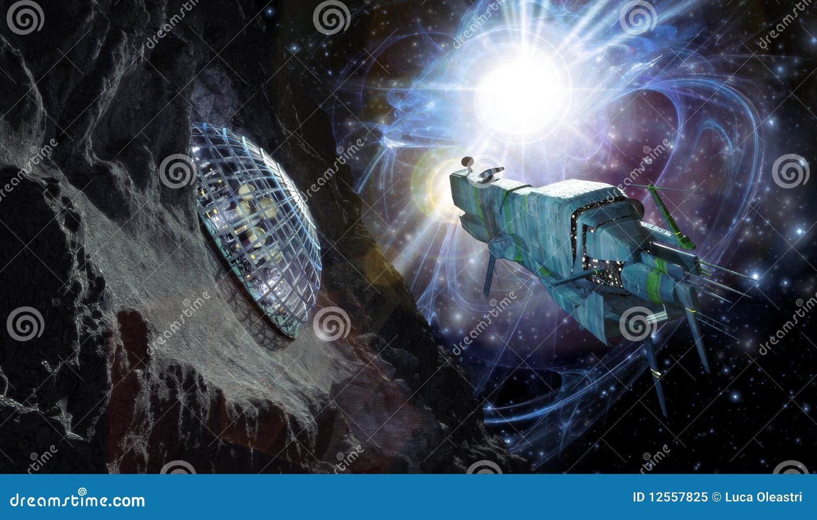Spaceship and asteroid stock illustration. Illustration of spaceship ...