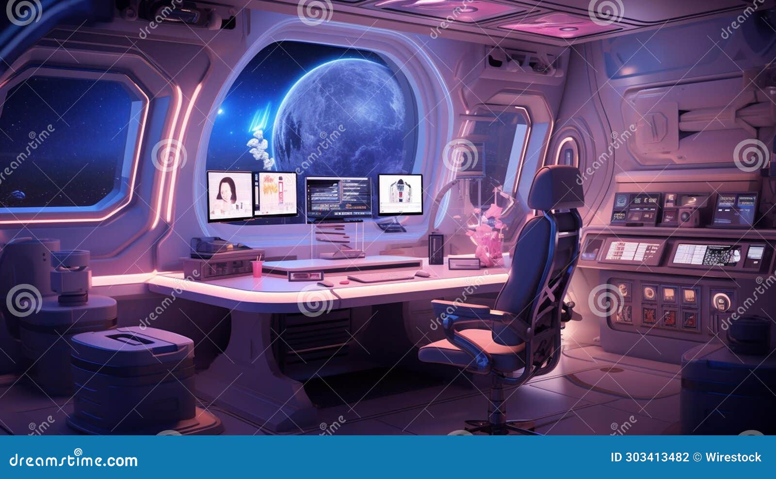 The Spaceship Cockpit of a Ship with Computers, Monitors, and a Toilet ...