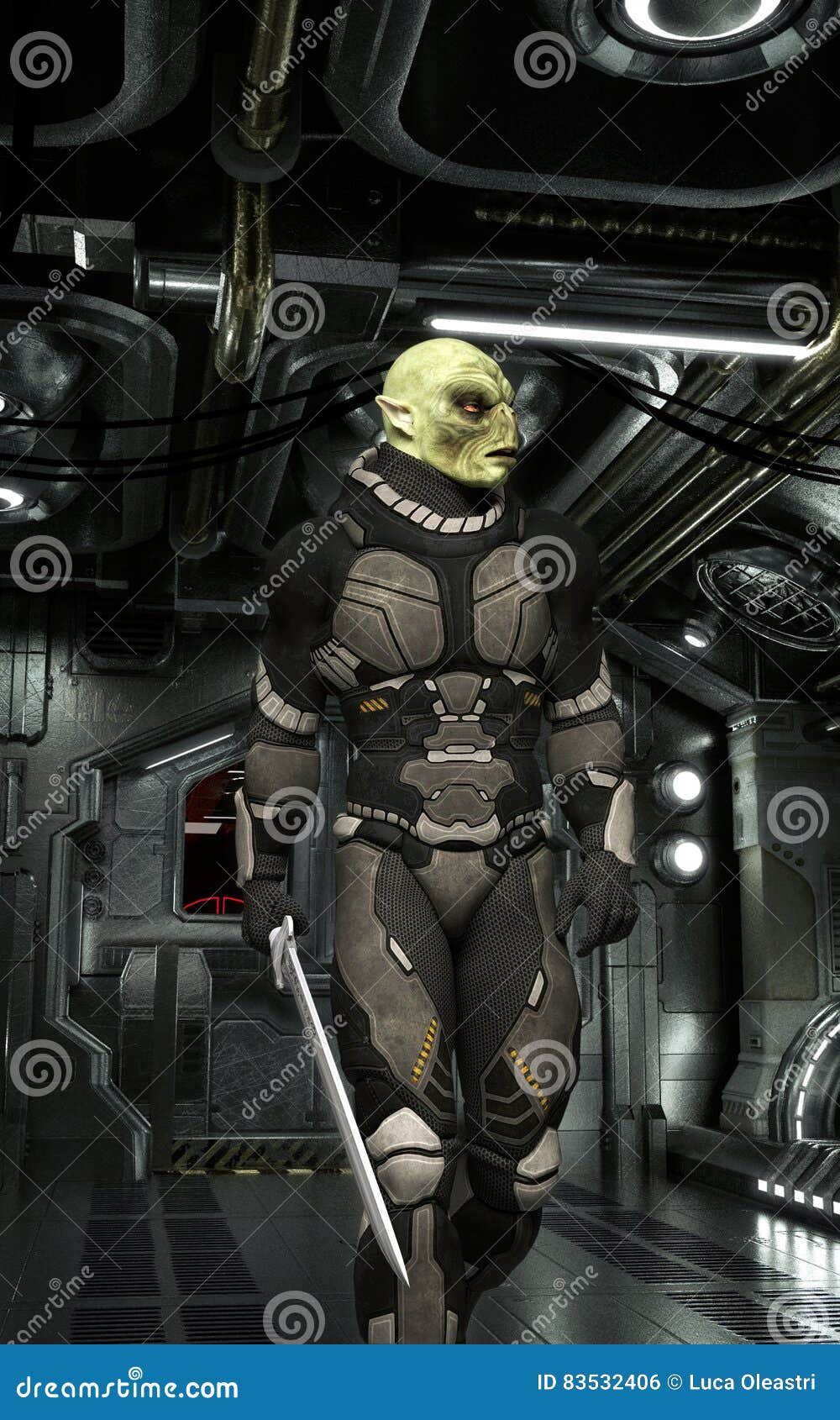 Spaceship Corridor and Alien Soldier Stock Illustration - Illustration ...