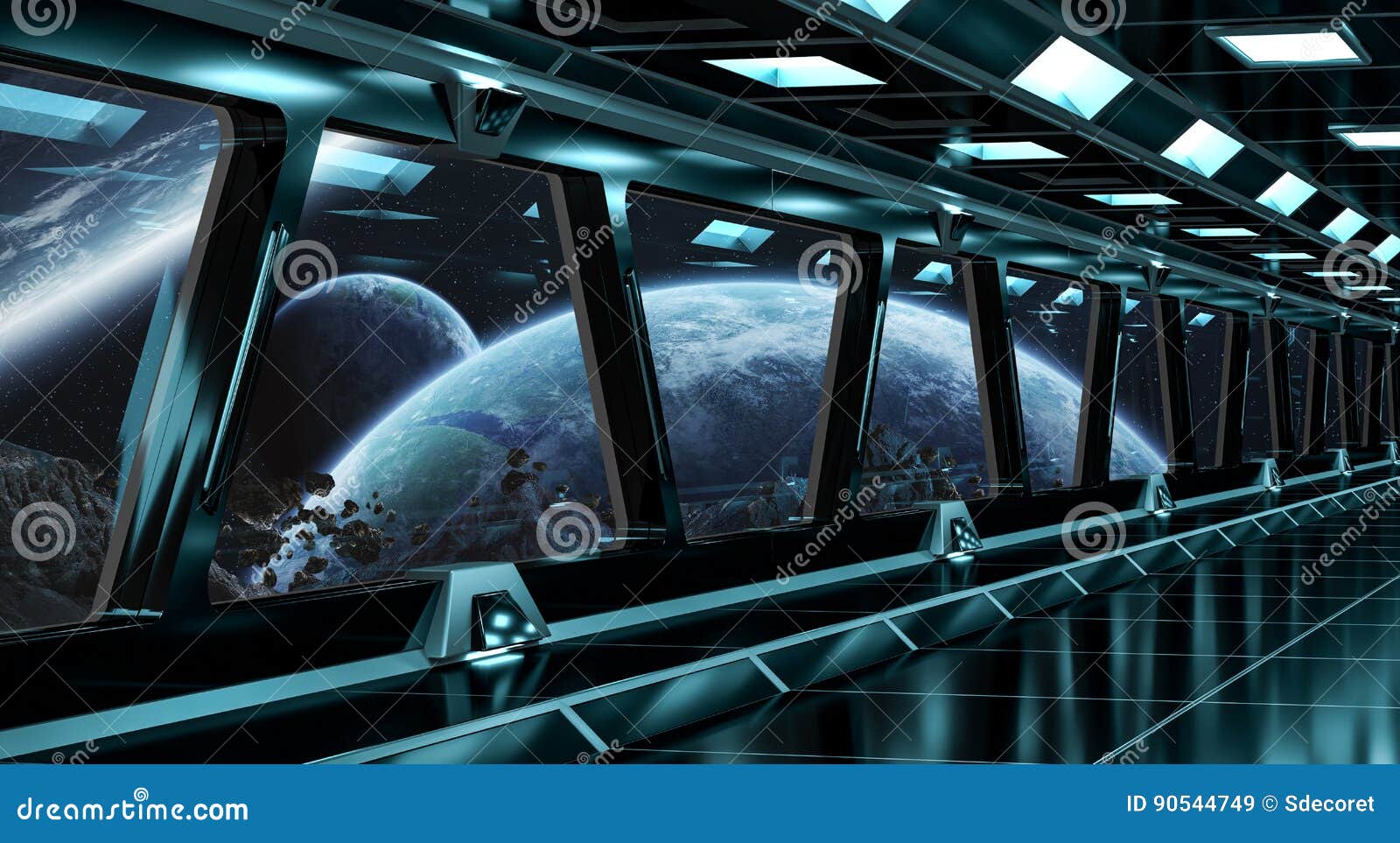 Spaceship Corridor with View on Distant Planets System 3D Render Stock ...