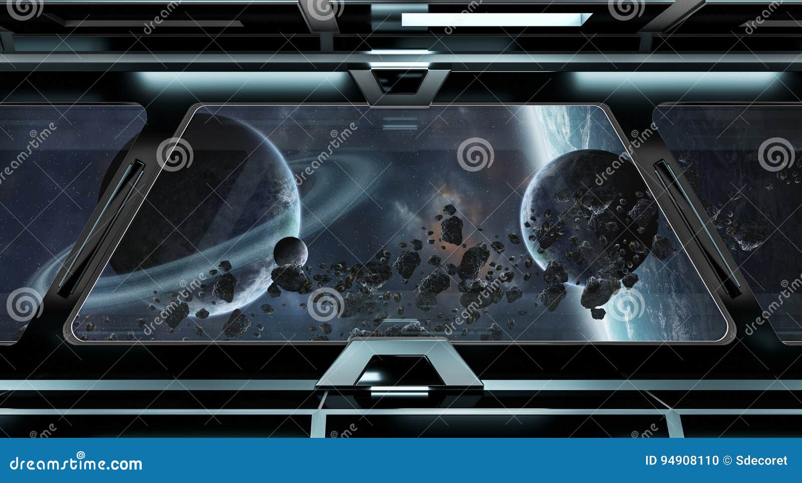 Spaceship Corridor with View on Distant Planets System 3D Render Stock ...