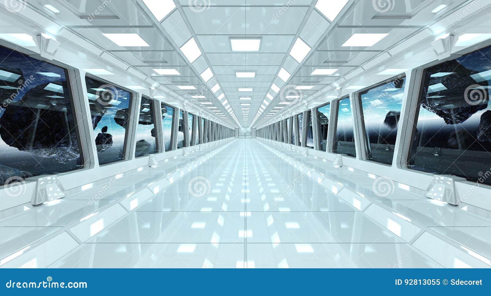 Spaceship Corridor with View on the Planet Earth 3D Rendering Elements ...