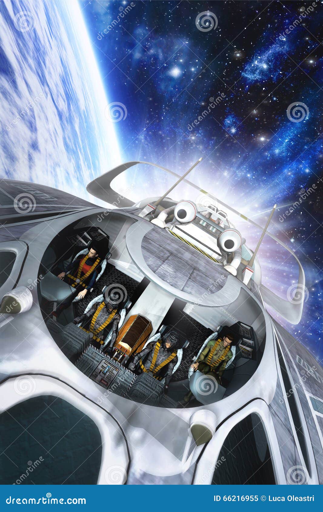 Spaceship with Crew in Orbit Stock Illustration - Illustration of cover ...