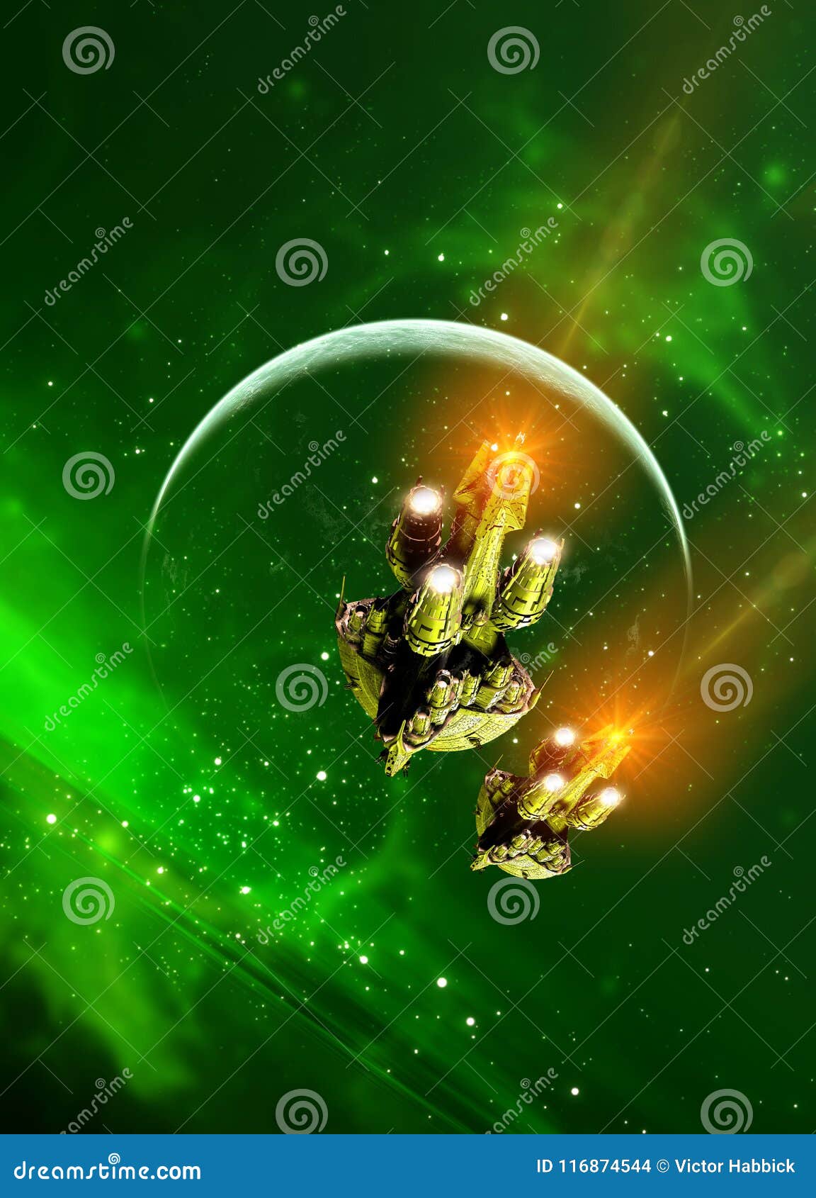 Two spaceships and planet stock illustration. Illustration of colourful ...