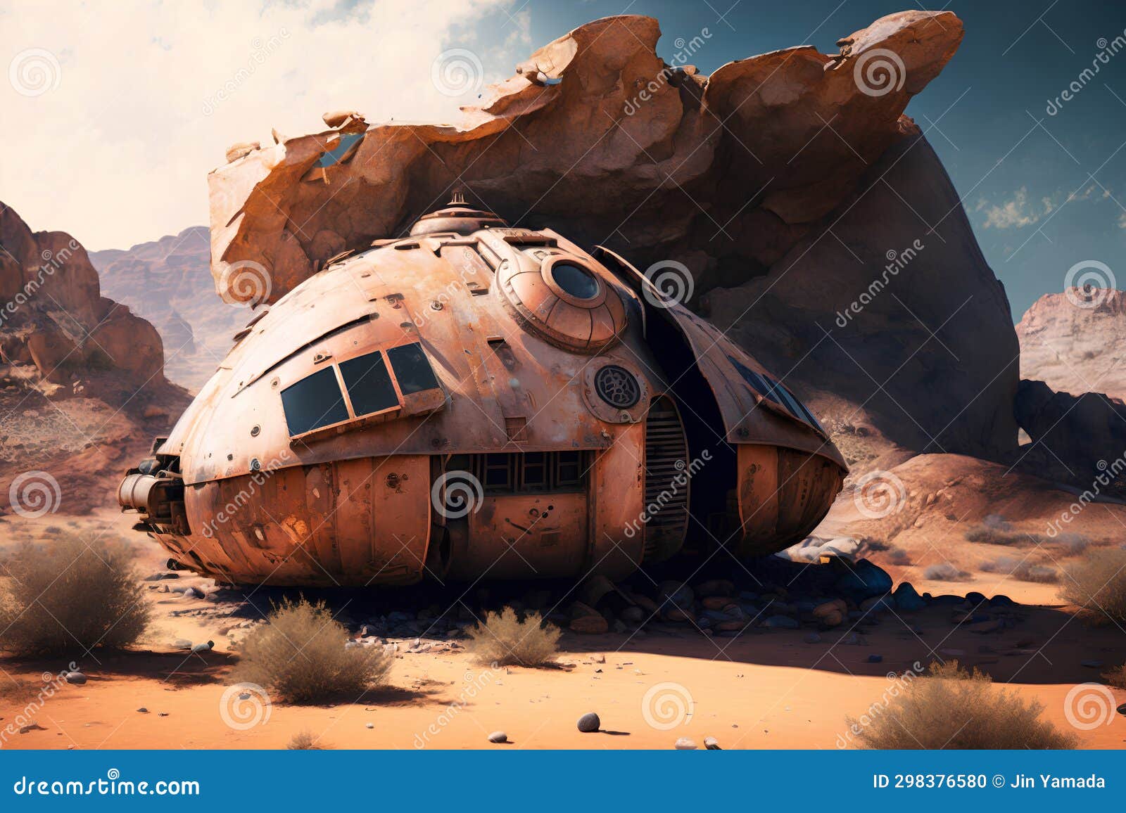 Spaceship in the Desert. 3D Illustration. Vintage Style Stock ...