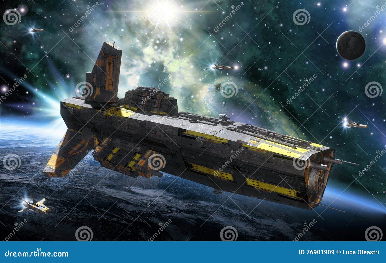 Spaceship Destroyer and Planet Stock Illustration - Illustration of ...