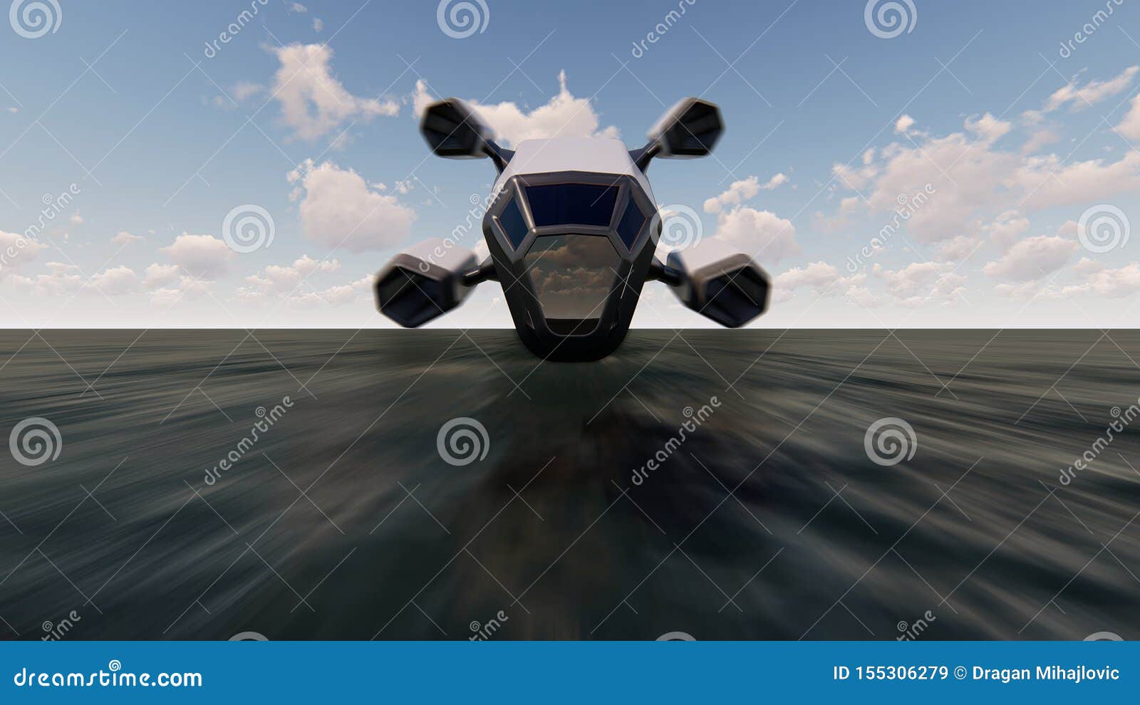 Spaceship, Drone Flying Over the Ocean Stock Illustration ...