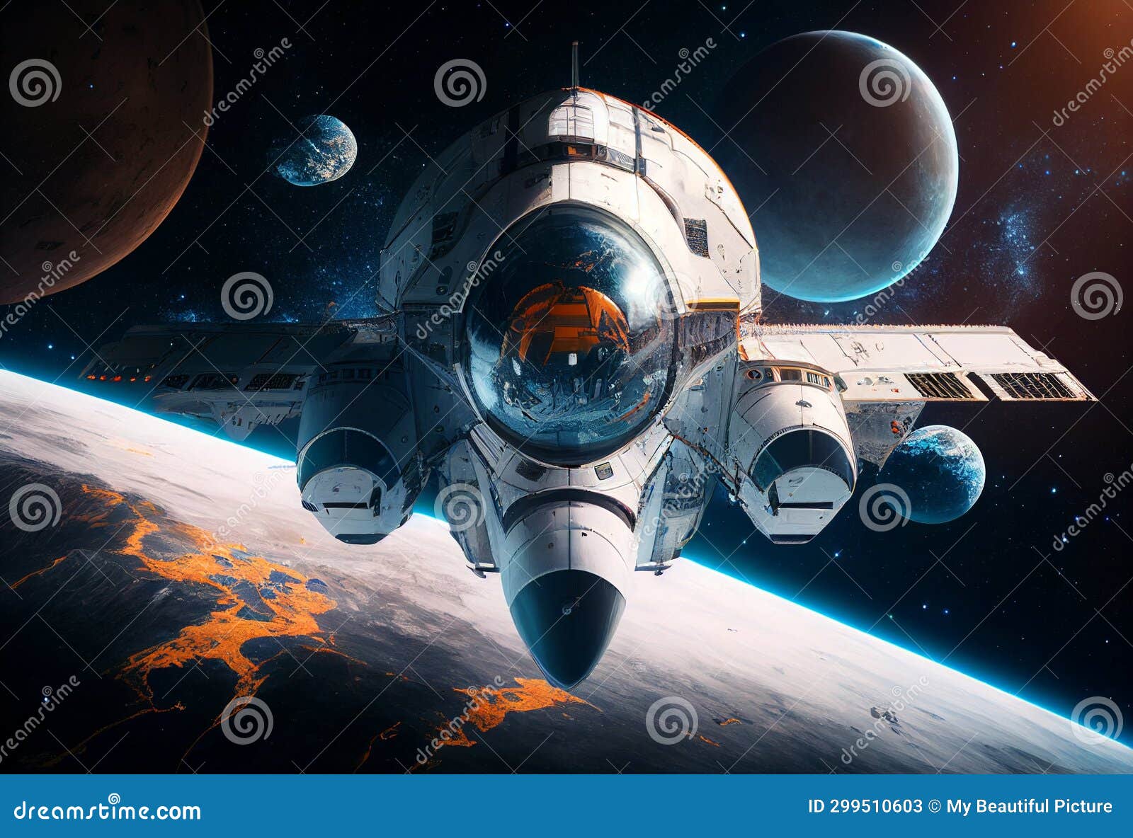 Spaceship in Escape. Space Travel Stock Illustration - Illustration of ...
