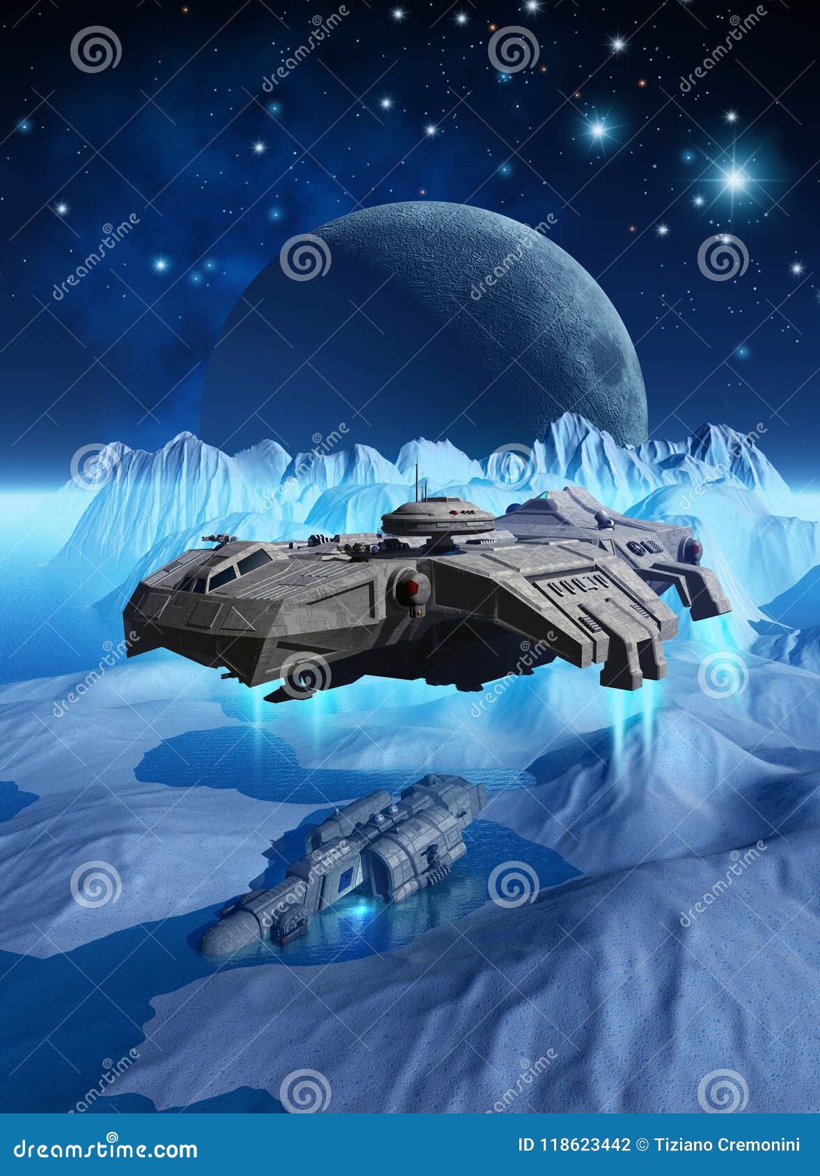 Spaceship that Explores the Surface of a Frozen Alien Planet Looking ...