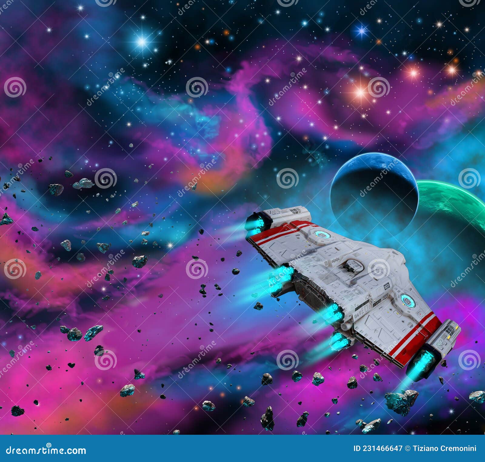 Spaceship Exploring Alien Planetary System in the Nebula, 3d ...