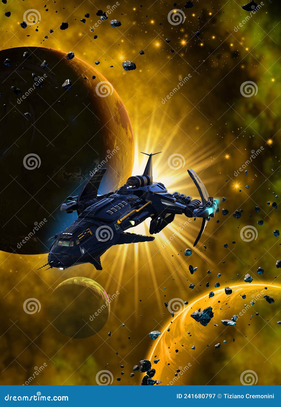 Spaceship Exploring Galaxy. Futuristic Starship Background Stock Image ...