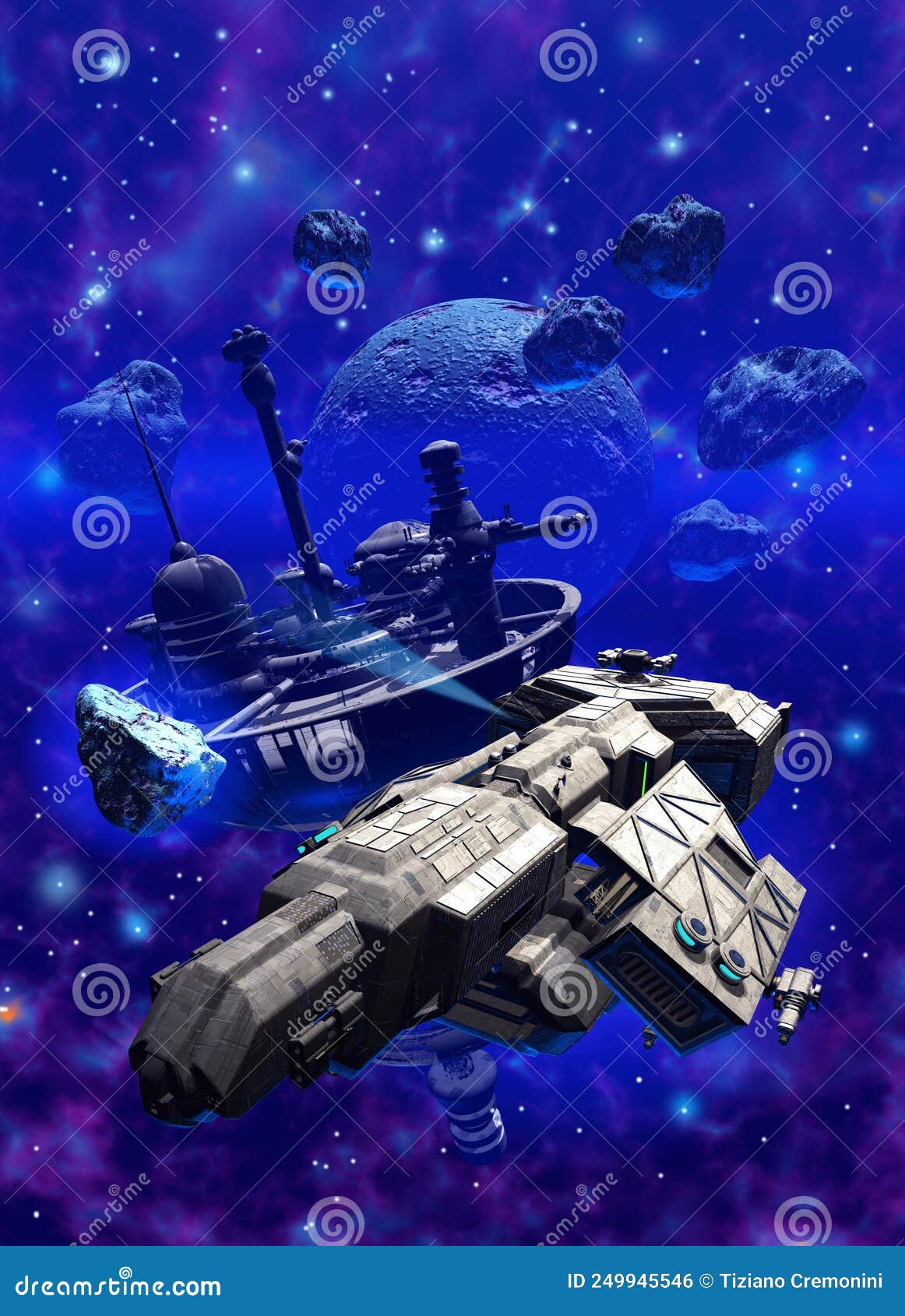 Spaceship Exploring the Wreck of a Space Base Near a Asteroids Field. 3d Rendering Stock ...