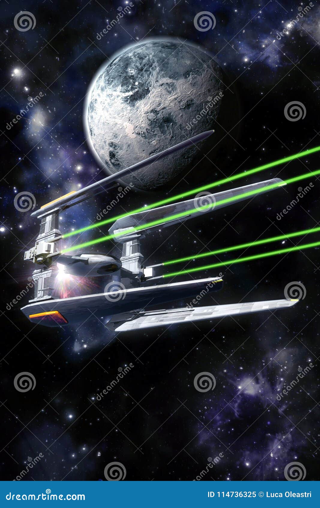 Spaceship Fighter Open Fire and Planet Stock Illustration ...