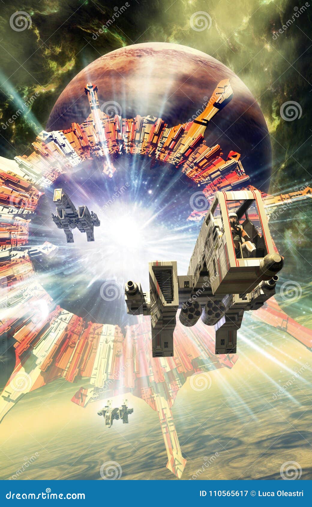 Spaceship Fighter and Planetary Portal Stock Illustration ...