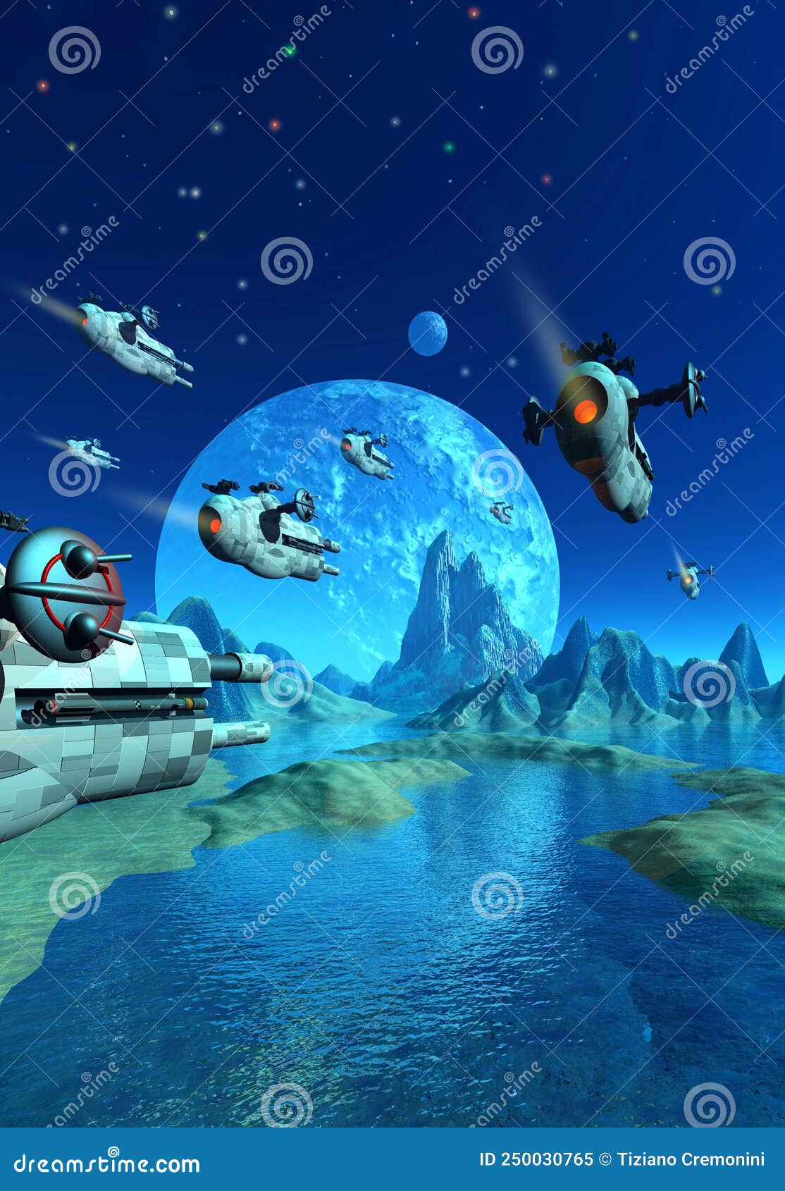 Spaceship Fleet Invading a Alien Planetary System, 3d Rendering Stock ...