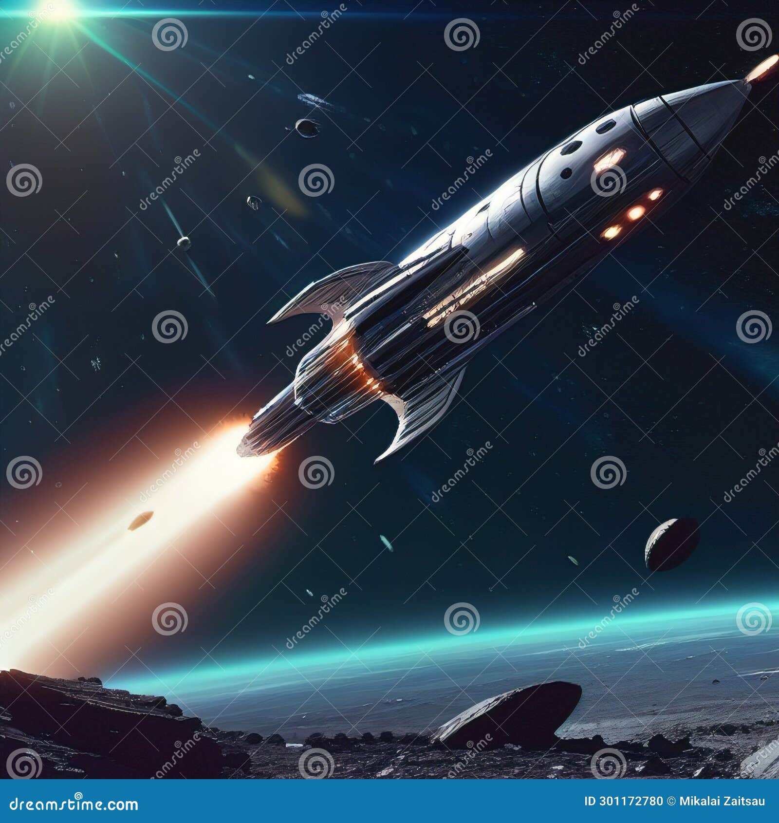 ? Spaceship Flies in Outer Space Stock Illustration - Illustration of ...