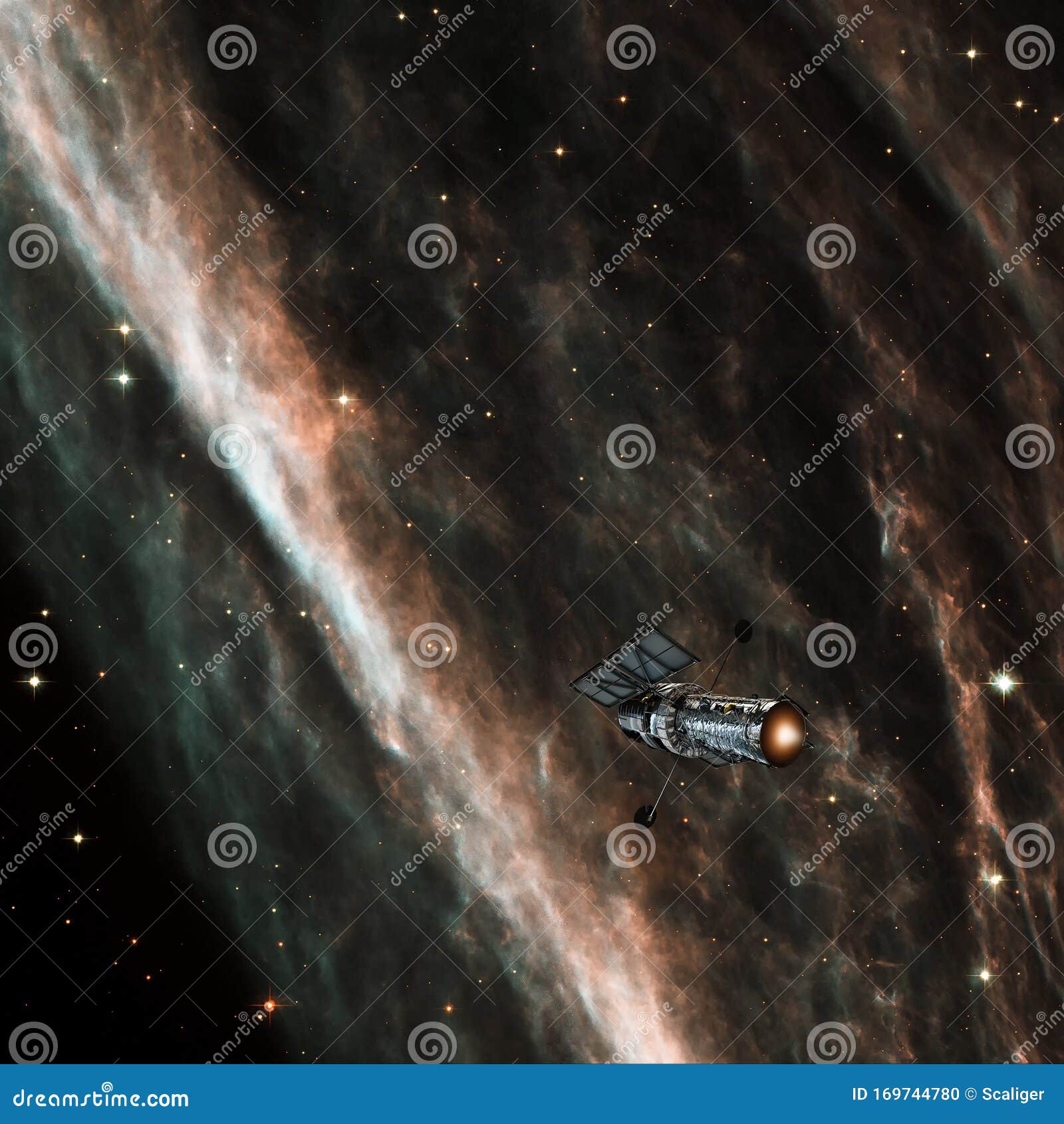 Spaceship Flies Past Dark Nebula in the Universe. Flight of Small ...