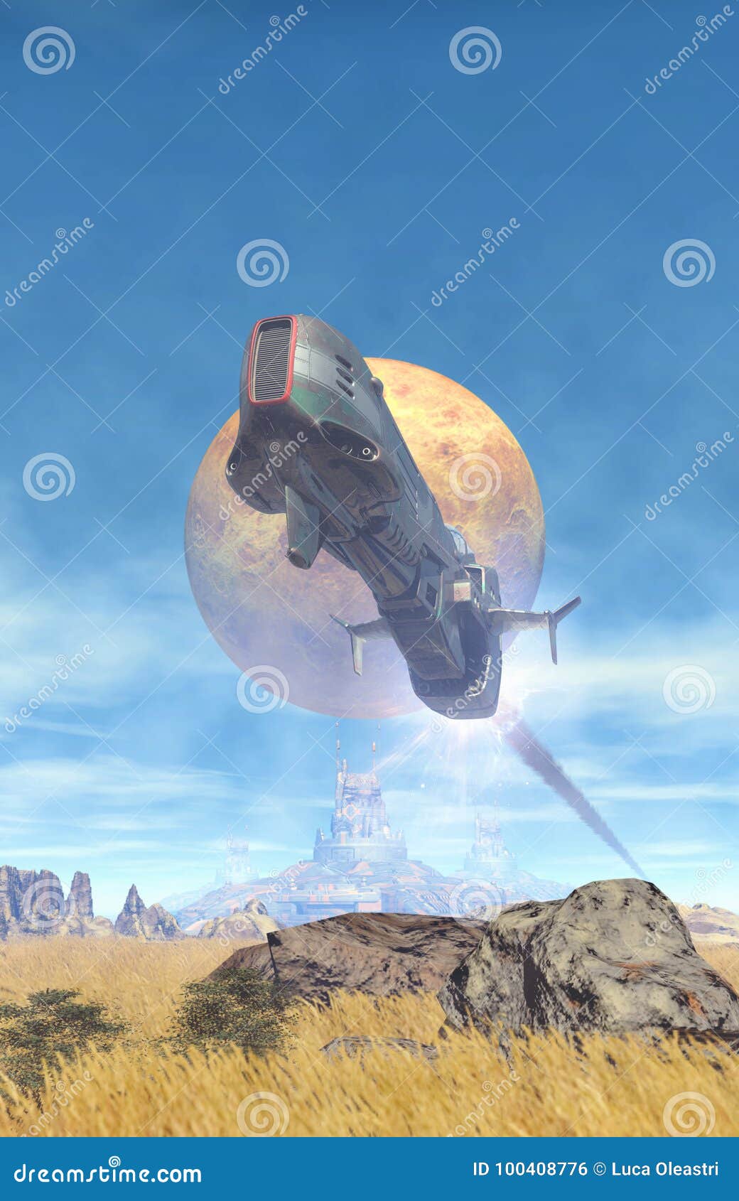 Spaceship Flight Over a Planet Stock Illustration - Illustration of ...