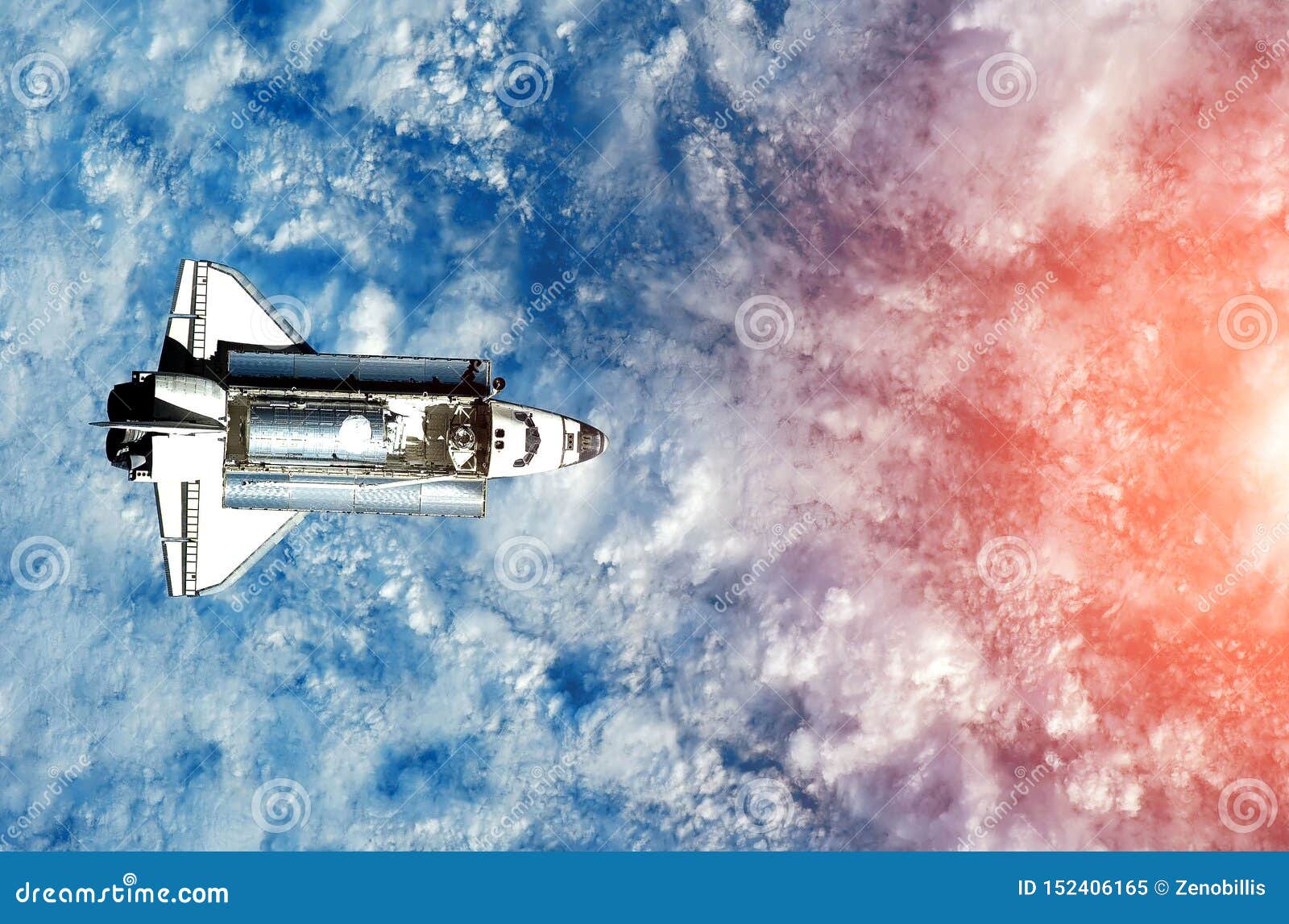 Spaceship on the Flight. Space Shuttle Close-up. Flying Rocket Stock ...