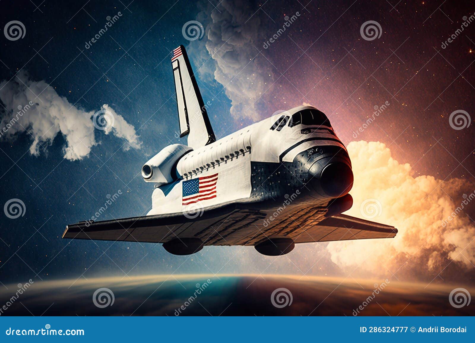 Spaceship on the Flight. Space Shuttle Close-up. Generative AI. Stock ...