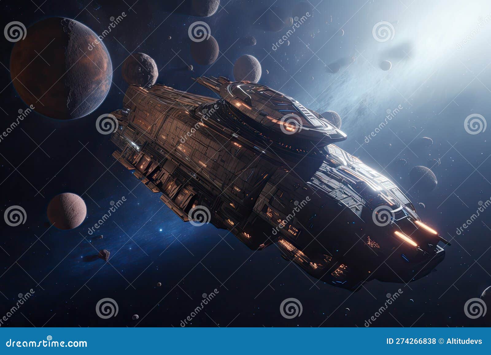 Spaceship Floating among the Stars, with View of Distant Planets ...