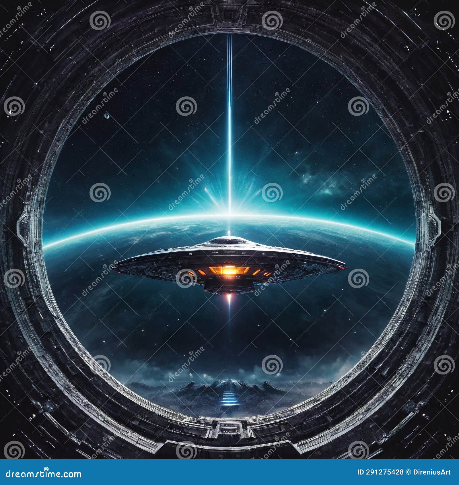 A Spaceship Flying Over a Planet with a Star in the Background. Stock ...