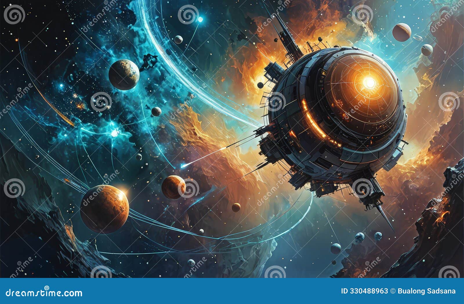 Spaceship Flying through Space with Planets in the Background Stock ...