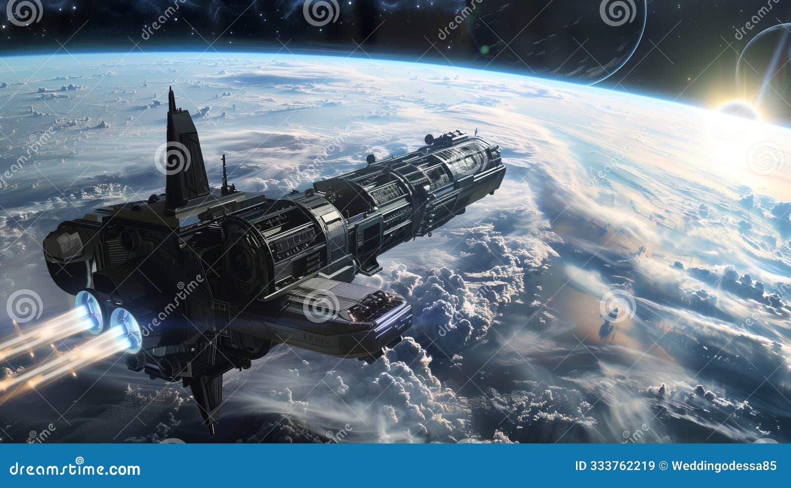 A Spaceship Flying in Space with Two Jet Operating Turbines at the Back ...