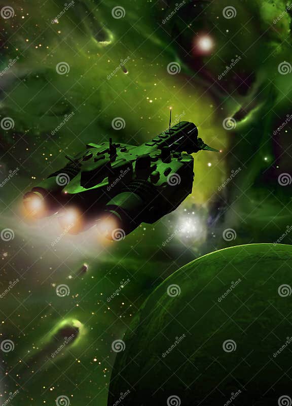Spaceship into Green Nebula Stock Illustration - Illustration of global ...
