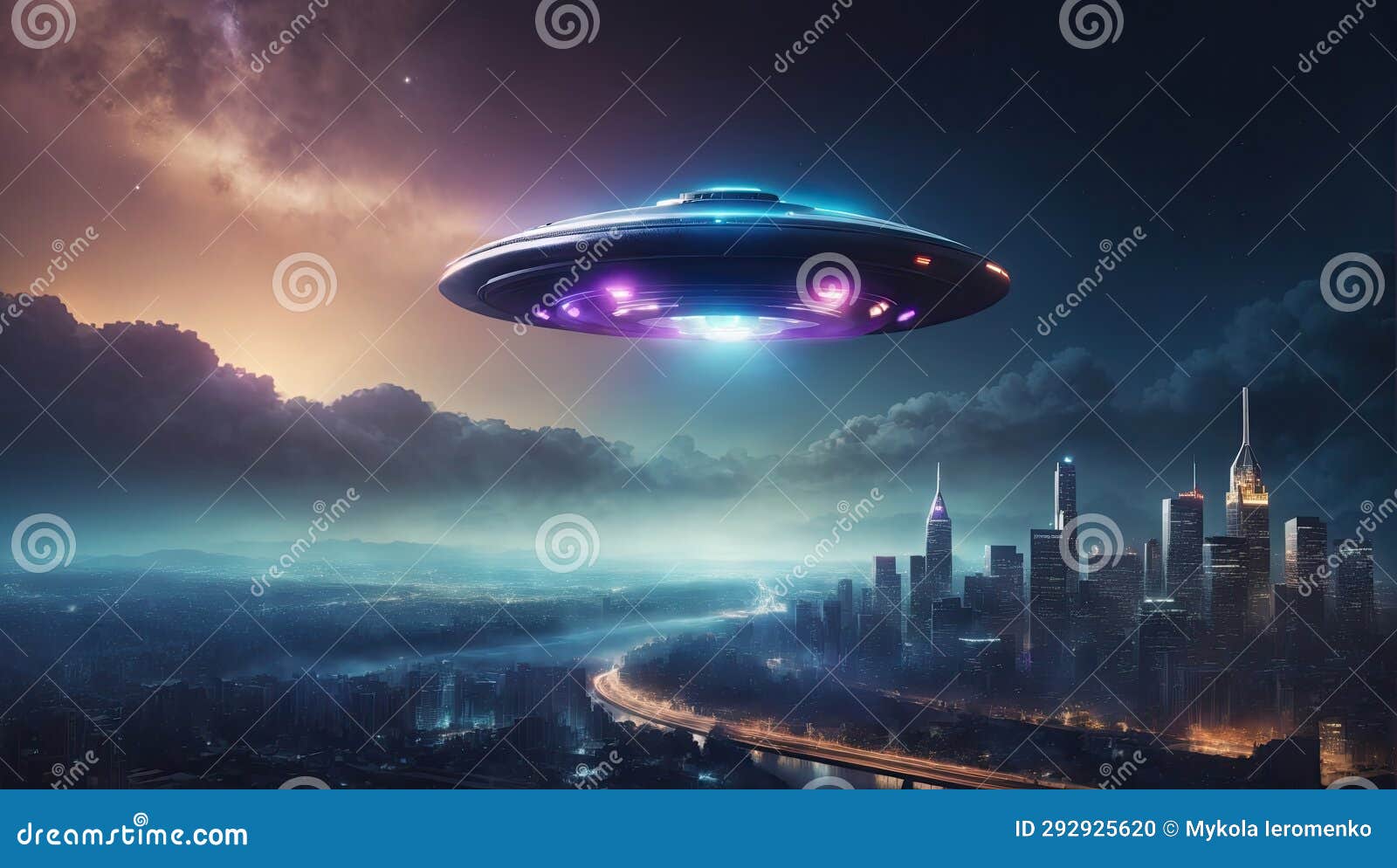 A Spaceship Hovering Over a Modern City at Night Stock Illustration ...