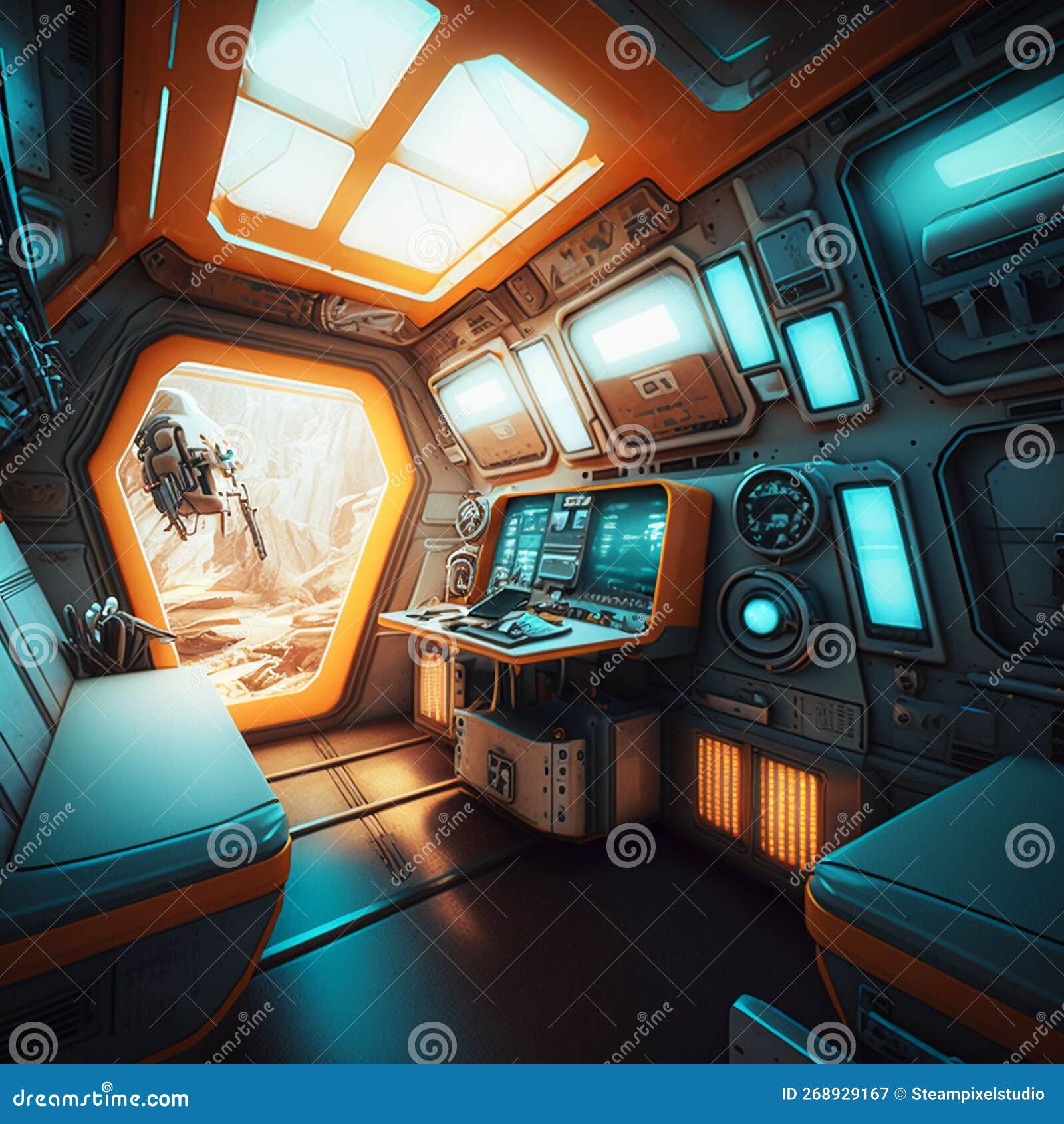 Spaceship Interior Artwork stock illustration. Illustration of lighting ...