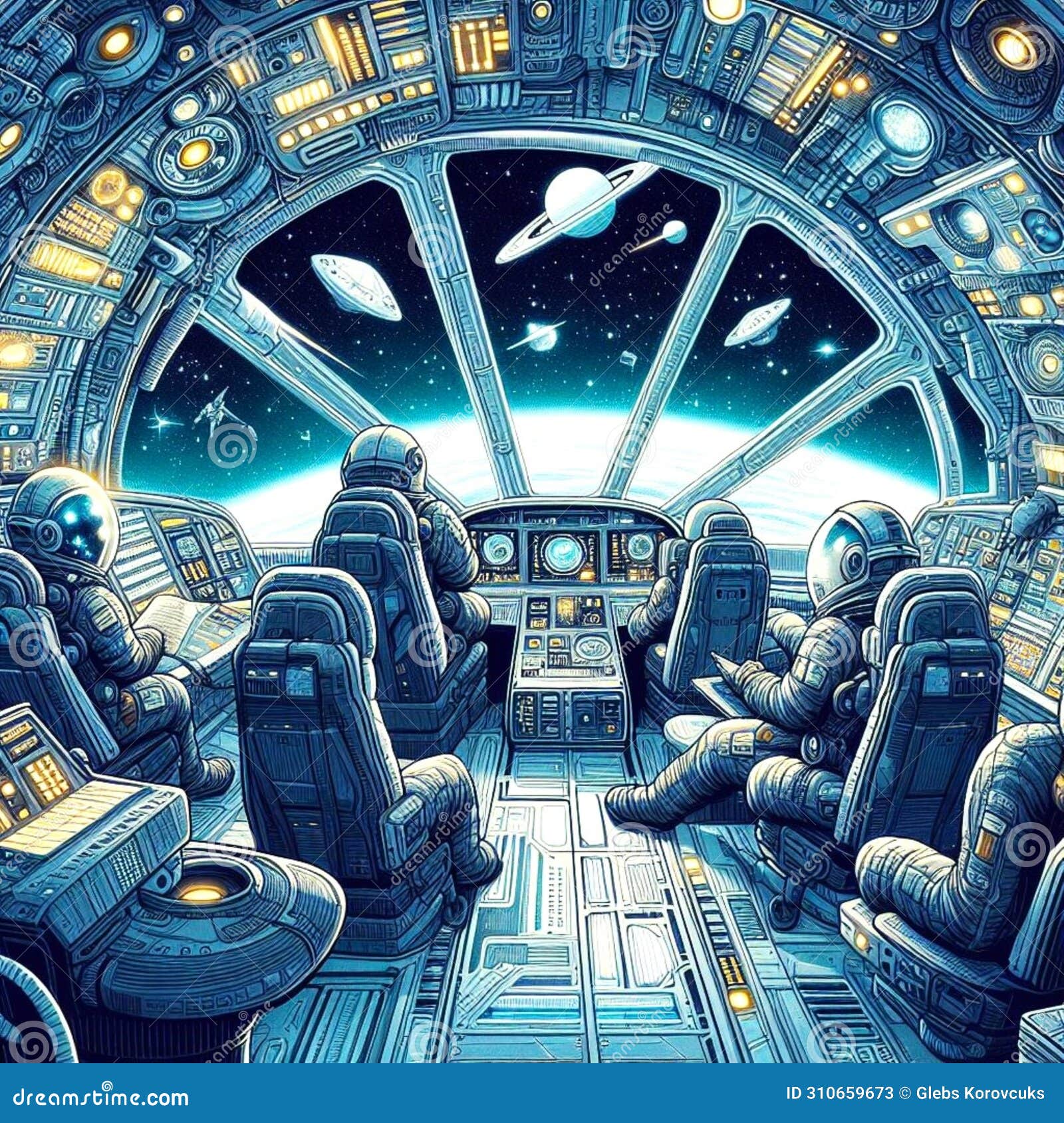 Spaceship Interior with Astronauts in Spacesuits Inside. Stock ...