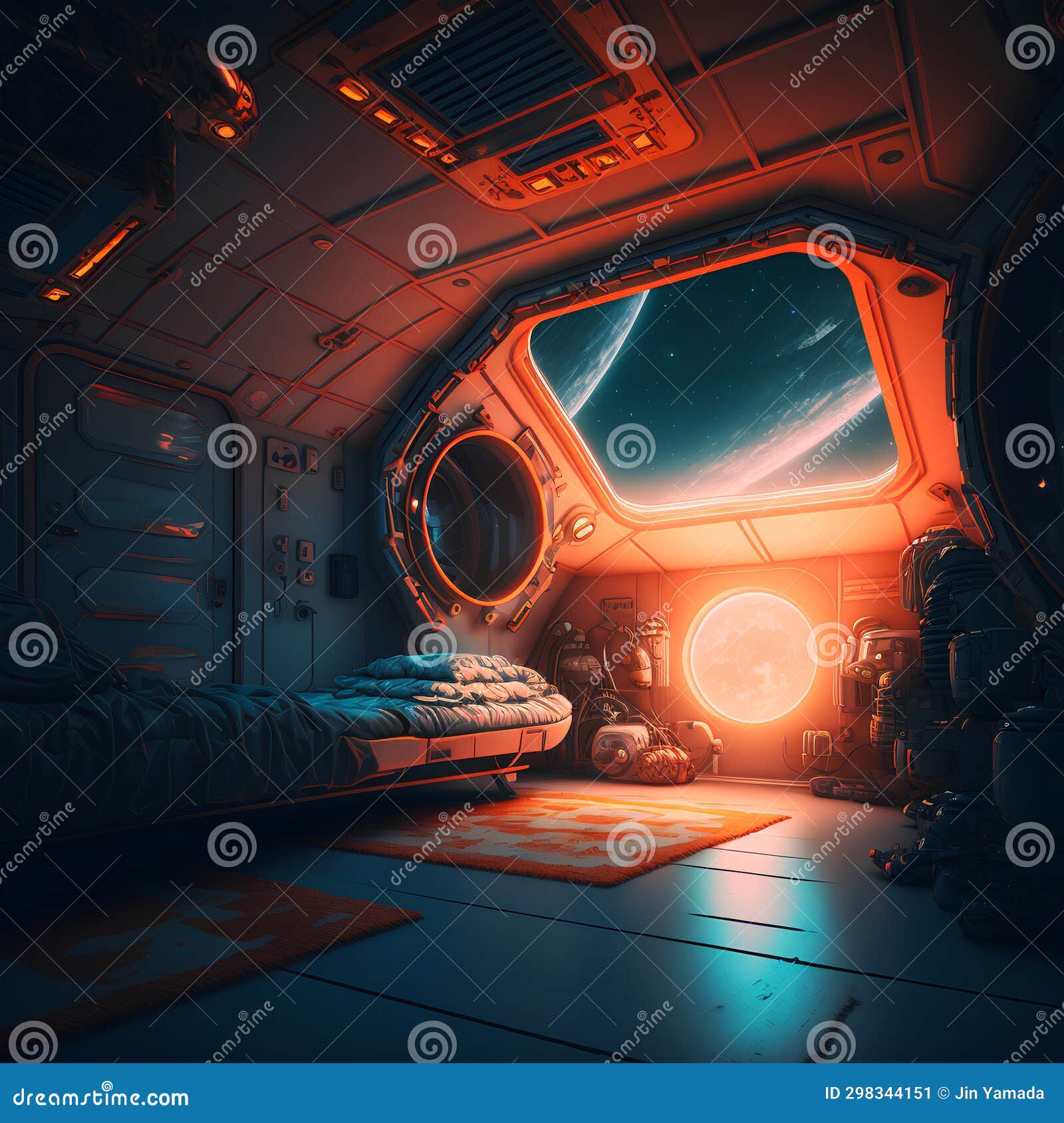 Spaceship Interior with Blue and Orange Windows. 3d Rendering Stock ...