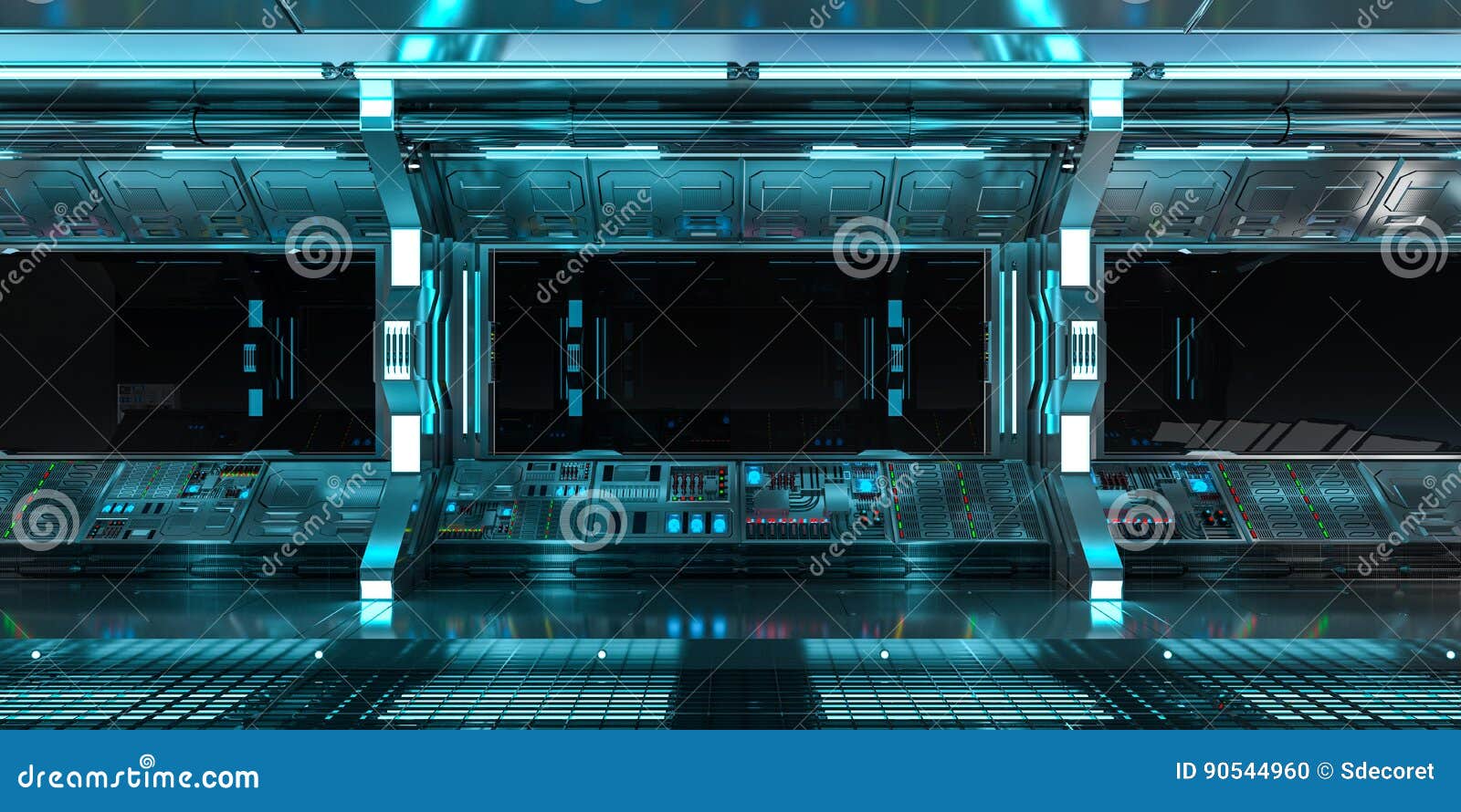 Spaceship Interior with View on Black Window 3D Rendering Stock ...