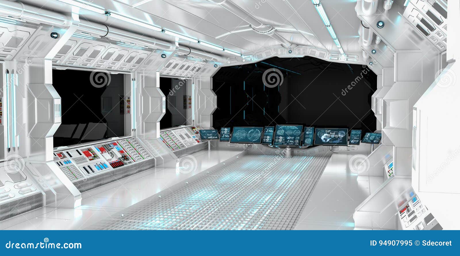 Spaceship Interior with View on Black Window 3D Rendering Stock ...