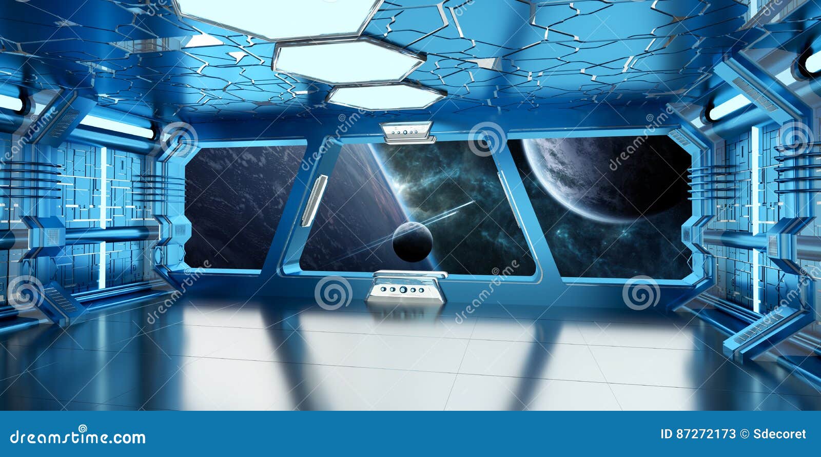 Spaceship Interior with View on Distant Planets System 3D Render Stock ...