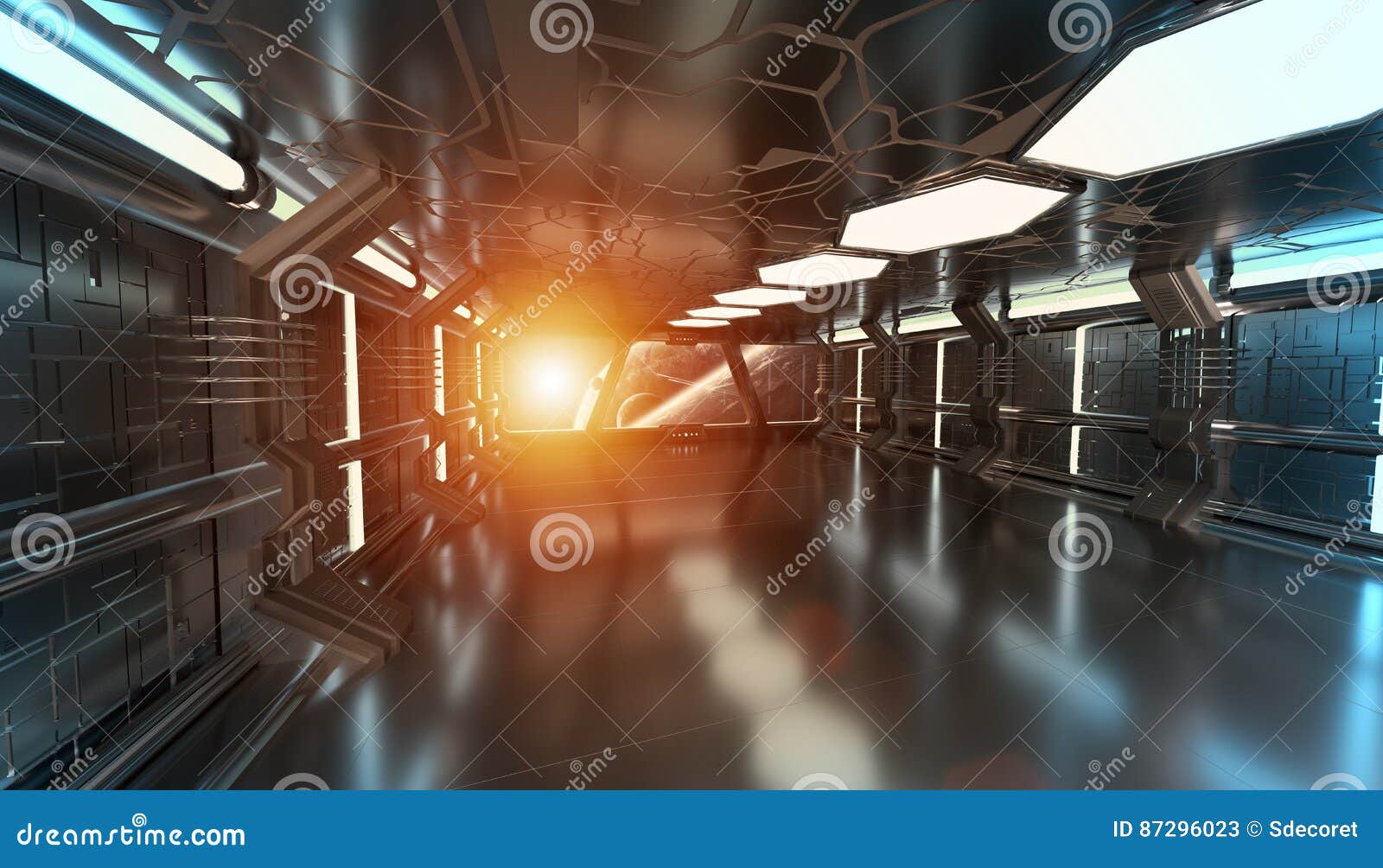 Spaceship Interior with View on Distant Planets System 3D Render Stock ...