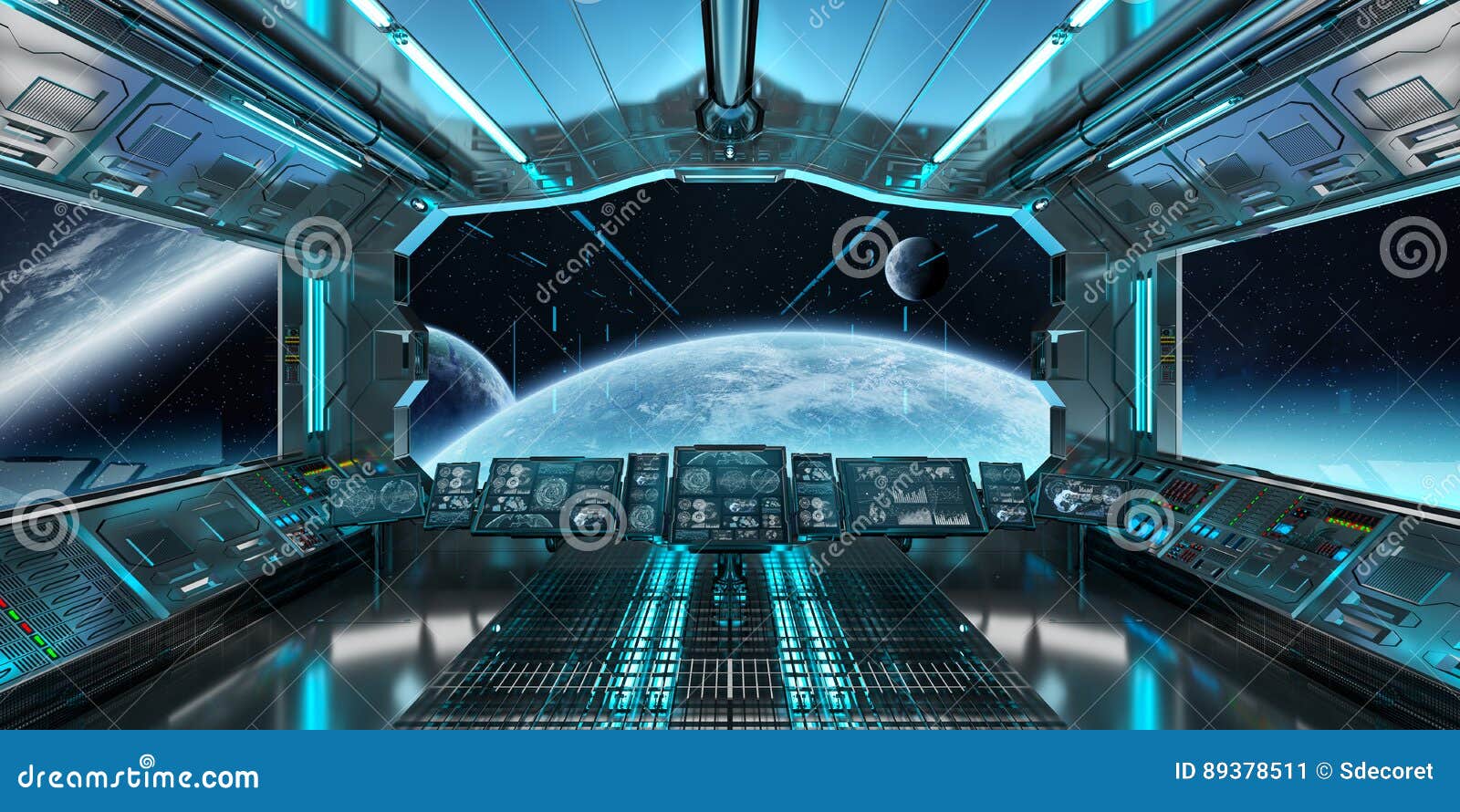 Spaceship Interior with View on Distant Planets System 3D Render Stock ...