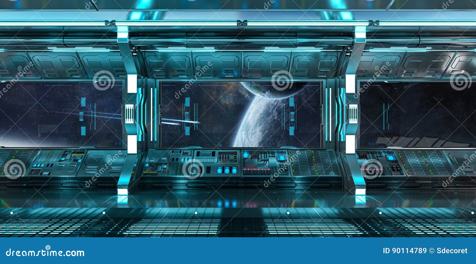 Spaceship Interior with View on Distant Planets System 3D Render Stock ...