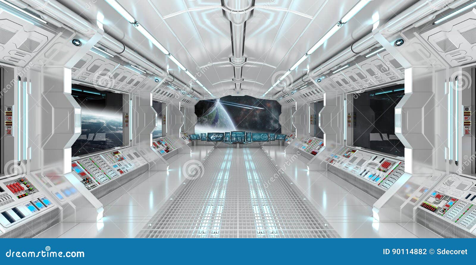Spaceship Interior with View on Distant Planets System 3D Render Stock ...