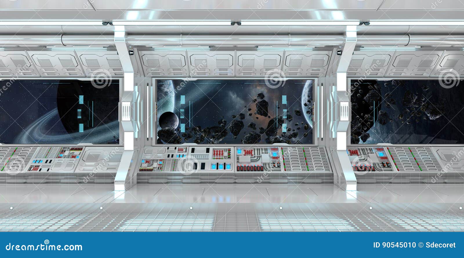 Spaceship Interior with View on Distant Planets System 3D Render Stock ...