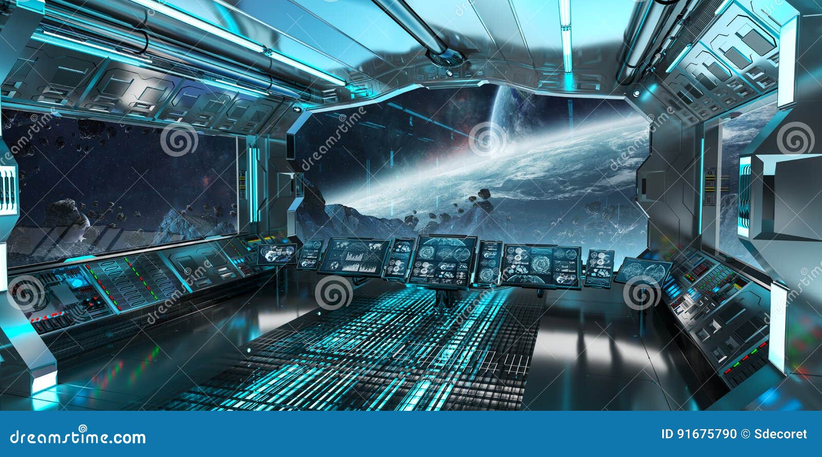 Spaceship Interior with View on Distant Planets System 3D Render Stock ...