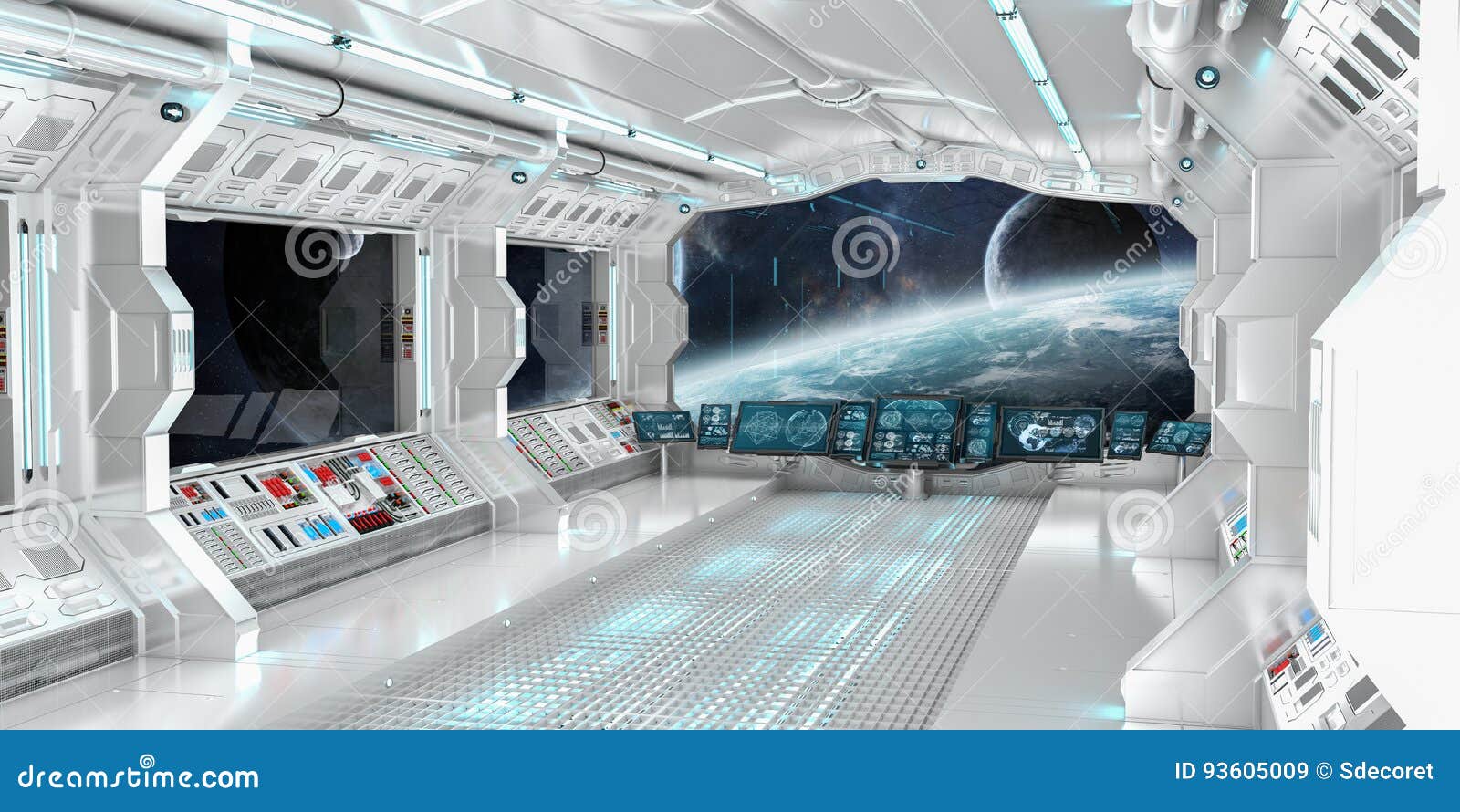 Spaceship Interior with View on Distant Planets System 3D Render Stock ...
