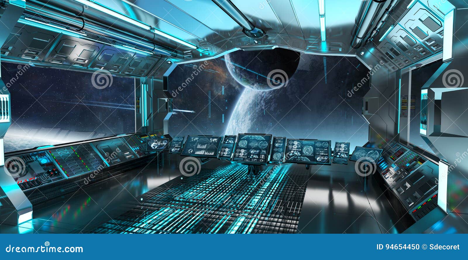 Spaceship Interior with View on Distant Planets System 3D Render Stock ...